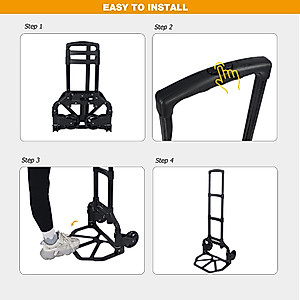 Varbucamp Folding Hand Truck with Telescoping Handle, 165lbs Capacity Aluminum Portable Luggage Trolley Cart, Hand Cart and Dolly with Black Bungee Cord and Rubber Wheels, Black