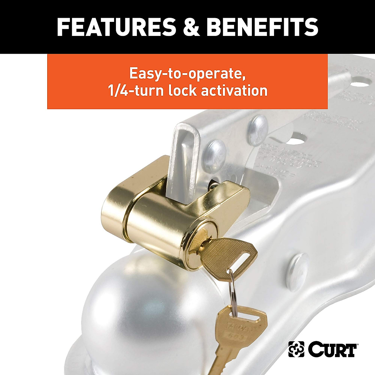 CURT 23022 Brass-Plated Steel Trailer Tongue Coupler Lock, 1/4-Inch Pin Diameter, Up to 3/4-Inch Span