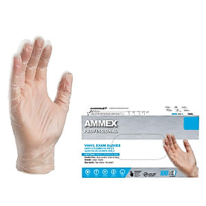 AMMEX Clear Vinyl Disposable Exam/Medical Gloves, 3 Mil, Latex/Powder-Free, Food-Safe, Smooth, Non-Sterile, Medium Box of 100