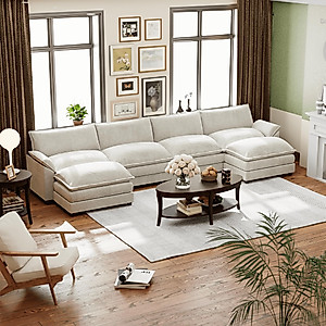 Shahoo Sectional Modular Sofa U Shaped Chenille Fabric Couch with High Supportive & Soft Sponges and Removable Ottoman, Sleeper Comfy Upholstered Furniture for Living Room, White