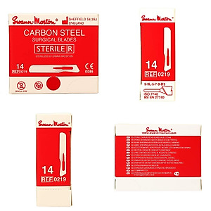 Swann Morton No.14 STERILE Carbon Steel Scalpel Blades - Box of 100 - Brand New Stock Dated 2023 - Made in England (UK) - Finest Precision Blades - Durable Quality for Experts & Professionals