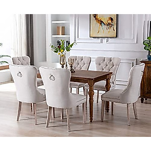 Kmax Linen Elegant Upholstered Dining Chairs, Fabric Armless Accent Chair with Ring Pull Solid Wood Legs, Set of 2 - Beige