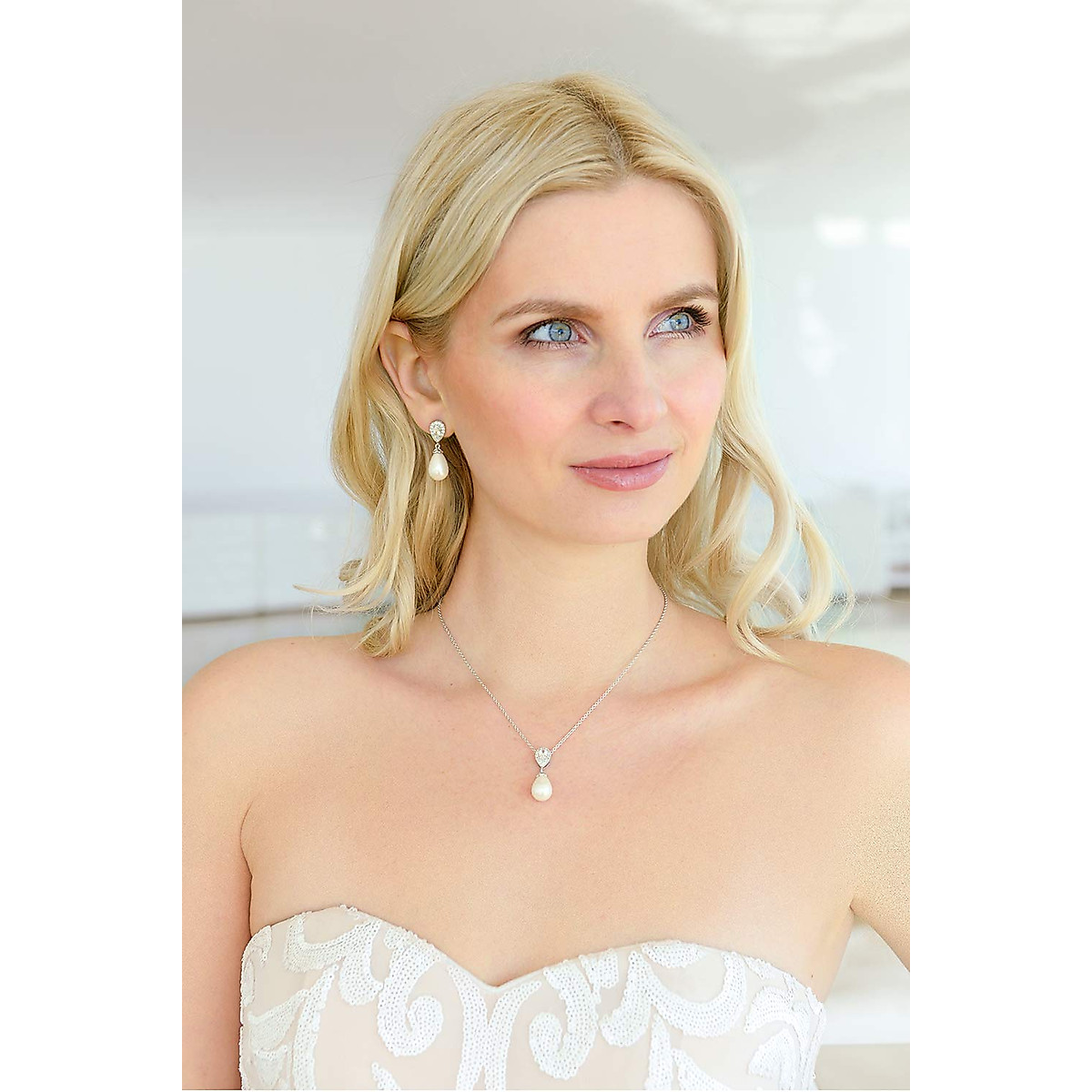 Mariell Pearl Drop Bridal Necklace and Earrings Set with CZ Crystals for Bride, Wedding, Birthday Gift