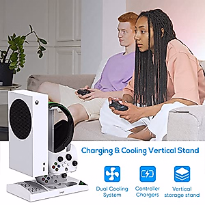 Charger Stand with Cooling Fan for Xbox Series S Console and Controller,Vertical Dual Charging Dock Accessories with 2 x 1400mAh Rechargeable Battery and Cover, Earphone Bracket for XSS