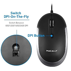 Macally Silent Wired Mouse - Slim & Compact USB Mouse for Apple Mac or Windows PC Laptop/Desktop - Designed with Optical Sensor & DPI Switch - Simple & Comfortable Wired Computer Mouse (Space Gray)