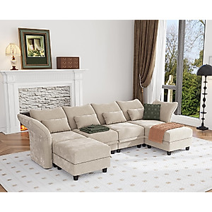 LLappuil 6 Seater Sectional Sofa U Shaped Modular Couches Deep Seated Modular Sofas for Living Room with Ottoman, Adjustable Armrest Backrest,Luxury Chenille, Khaki