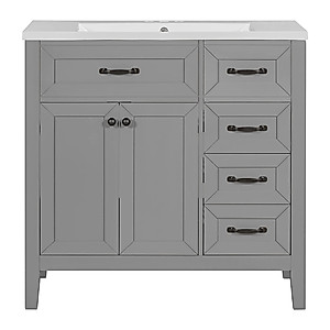Tomkate 36" Bathroom Vanity with Sink Combo, Modern Freestanding Bathroom Vanities with 2 Doors and 3 Drawers, Bathroom Vanity Cabinet with Ceramic Sink for Bathroom, Grey