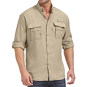 Men’s Long Sleeve Shirts UV UPF 50 Sun Protection Hiking Fishing Safari Shirt Quick Dry Cool Utility Blouse (5052 Khaki S)