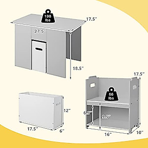 Costzon Kids Table and Chair Set, 4-in-1 Activity Table and 2 Chairs Set for Drawing, Reading, Multi-Purpose Kid’s Desk w/Lid, Removable Under Table Storage Bin, Stackable Chairs Cabinet (Grey)