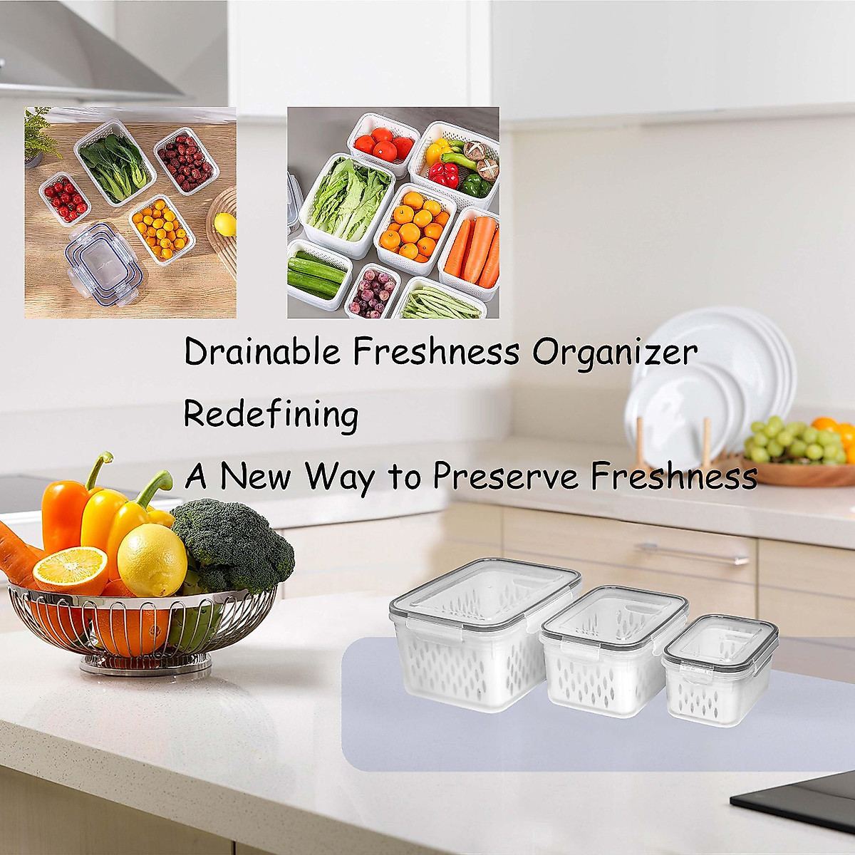 KOXXIAMOQ Fruit and Vegetable Storage Containers for Fridge, 6 Pcs/3 Sets Keep Fresh Produce Saver Containers Keeper, Food Storage Containers with Removable Colander (grey)