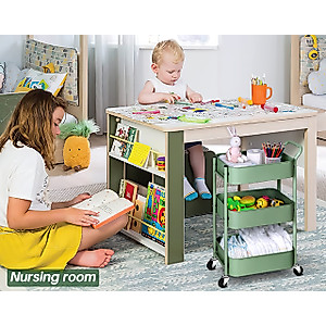 AOODA 3 Tier Under Desk Rolling Cart with Handle and Lockable Wheels, 27'' Height Small Metal Book Cart Mobile Art Cart Rolling Storage Organizer for Office, Kitchen, Bathroom (Aqua Green)