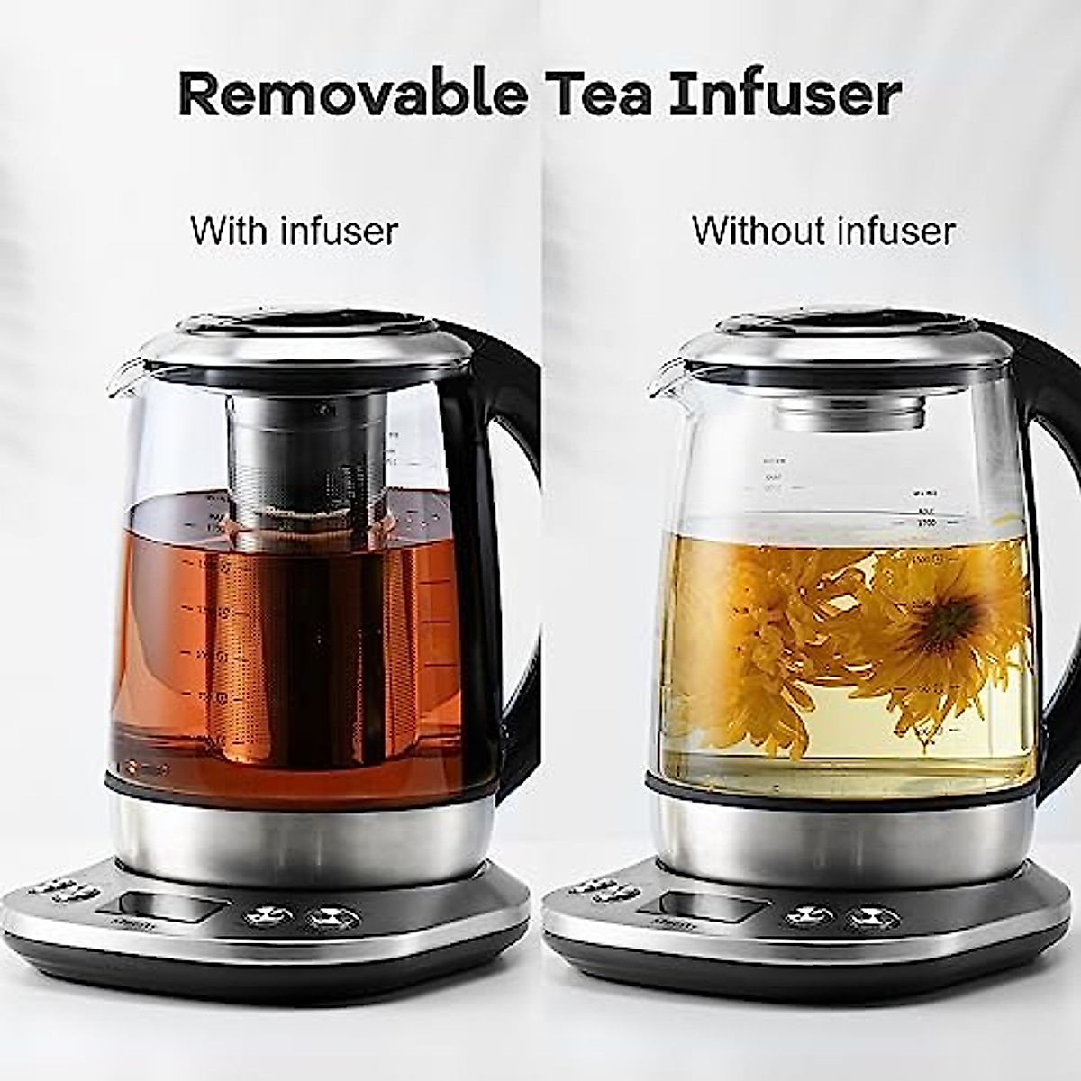 Mecity Electric Tea Kettle With Tea Infuser and Temperature Control Glass Tea Maker LCD Display Preset Brewing Programs For Tea Water Boiler 1.7L