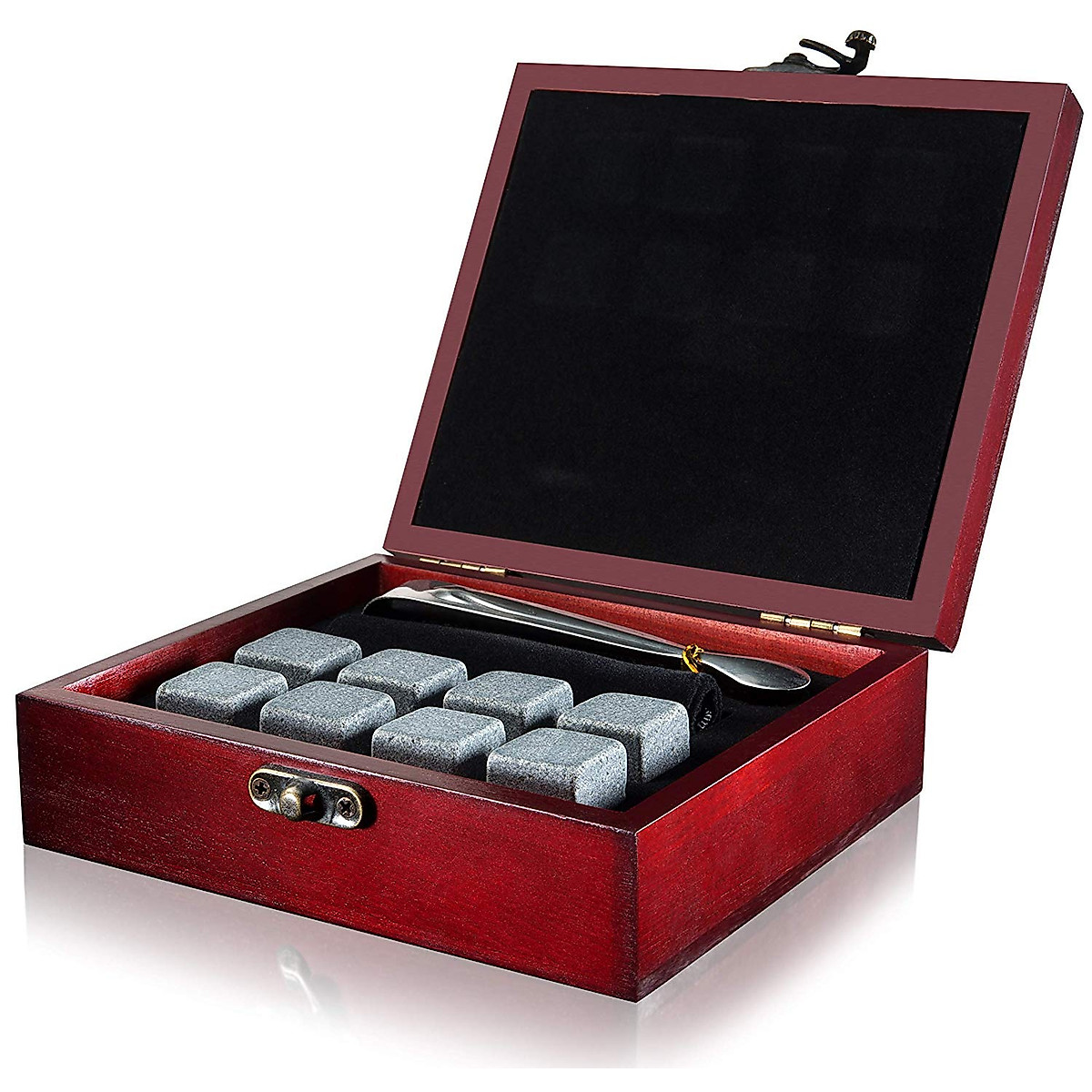 Gift Set of 8 Whiskey Chilling Stones [Chill Rocks] - in Premium Wooden Gift Box with Stainless Steel Tongs and Velvet Carrying Pouch - Made of Pure Soapstone - by Quiseen