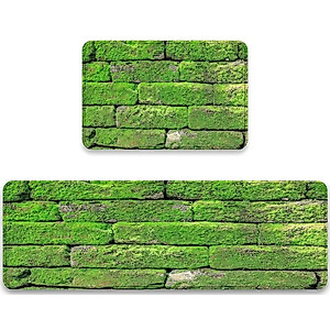 Farmhouse Grass Green Kitchen Rug Set of 2 Comfort Floor Mats Vintage Moss Brickwall Country Road 3D Print Cushined Door Mat Anti Fatigue Non Skid Washable Bathroom Runner Rugs Bedroom Area Carpet