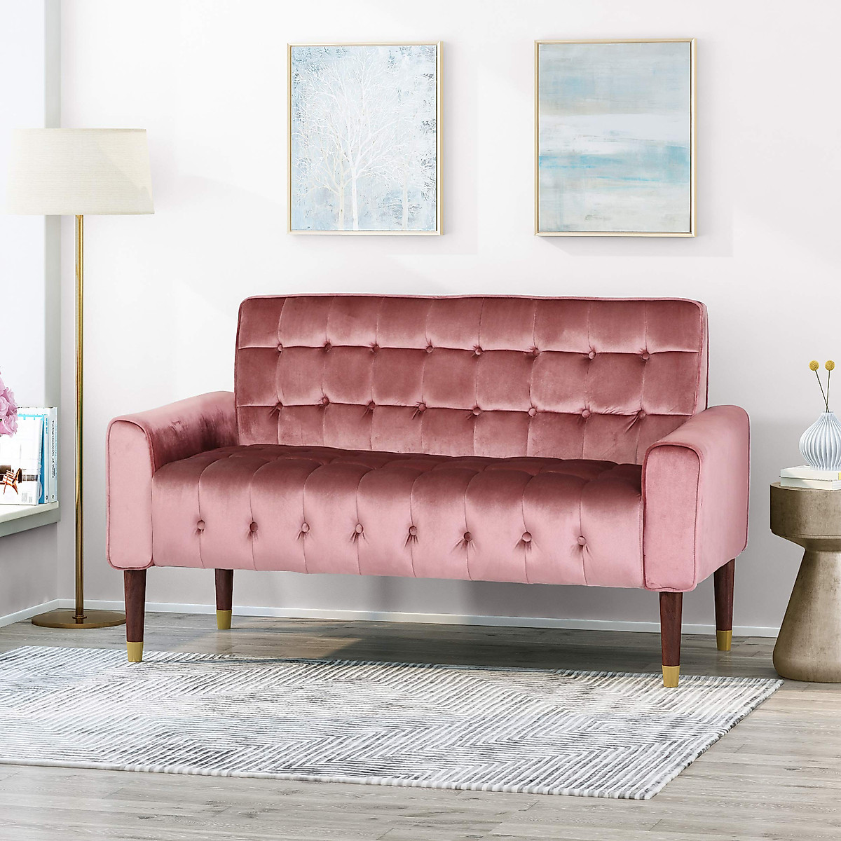 Christopher Knight Home Aubrie Tufted Velvet Loveseat Tipped Tapered Legs, Blush and Gold Finish