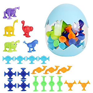 Suction Cup Toys 27 PCS Silicone Suction Bath Toys Travel Toys Window Toy for Kids Ages 3-8 Boys Girls Sensory Toys with Dinosaur Eggshell Storage