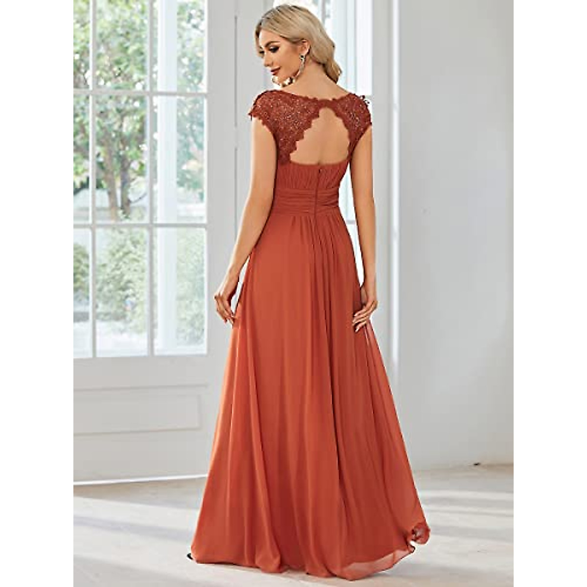 Ever-Pretty Women's Cap Sleeve Backless Lace Long Wedding Dresses for Party Burnt Orange US12