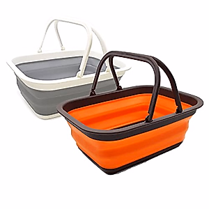 SAMMART 9.2L (2.37Gallon) Collapsible Tub with Handle - Portable Outdoor Picnic Basket/Crater - Foldable Shopping Bag - Space Saving Storage Container (Grey & Orange, 2)