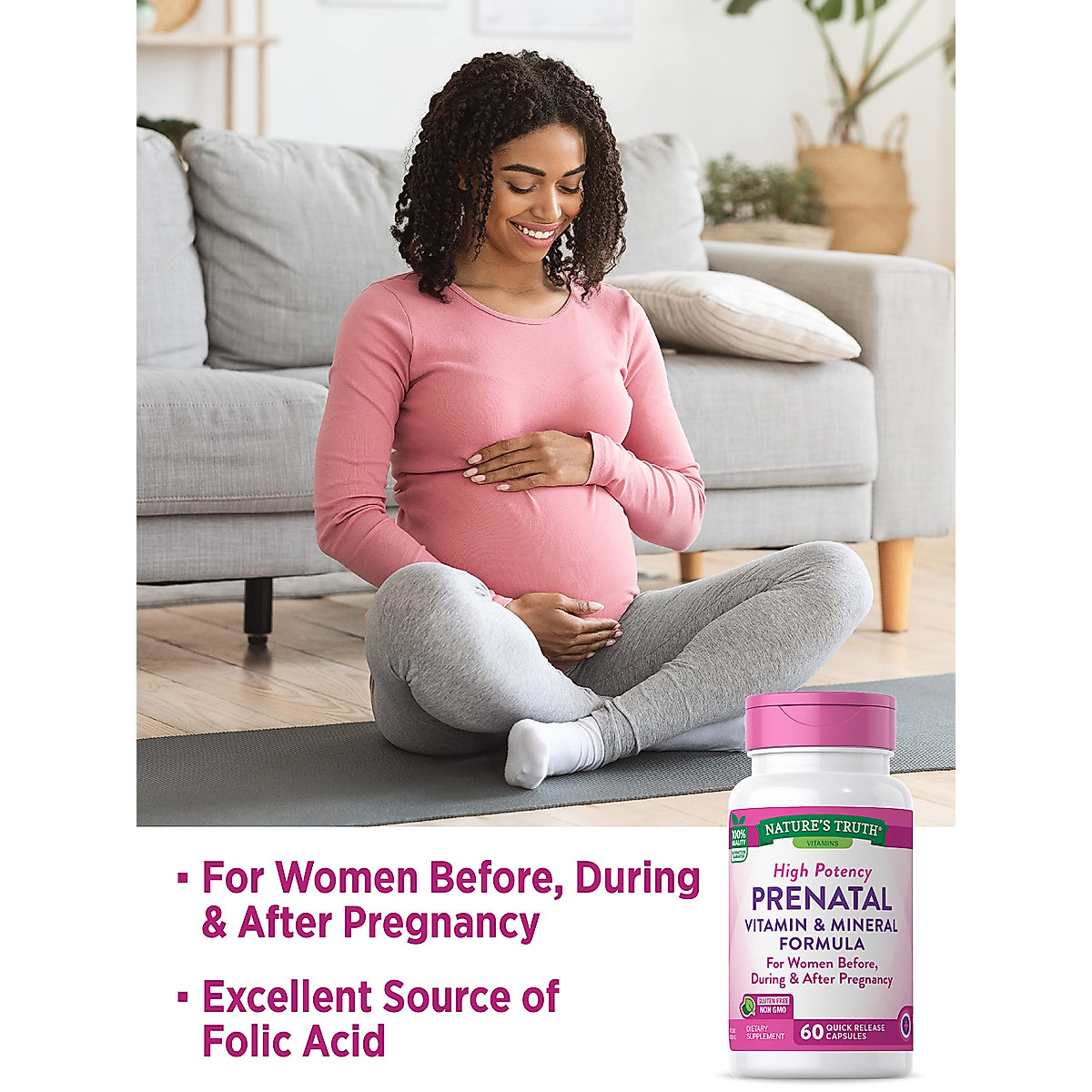 Prenatal Vitamins With Folic Acid | 60 Capsules | Non-GMO & Gluten Free Supplement | By Nature's Truth