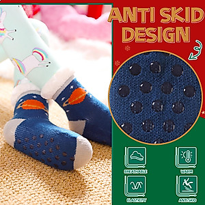 SeeyAN Kids Slipper Socks Fuzzy Socks For Boys Girls Warm Thermal Winter Non Slip Home Socks With Grips (Dark Blue, 5-8 Years)