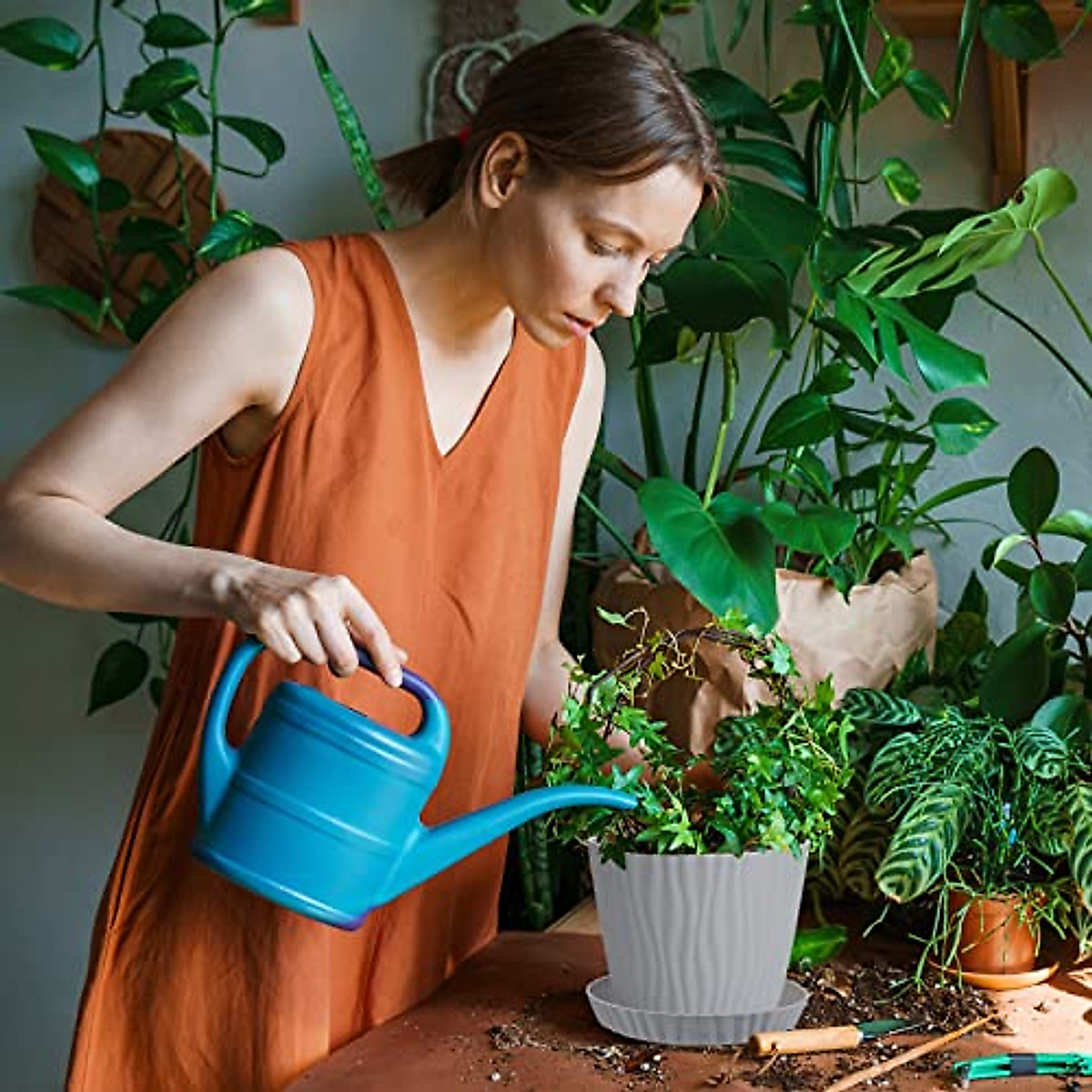 Whonline Plastic Flower Pots, 6 Pack, 7 Inch Gray Pots for Planting with Drainage Holes and Saucers, Decorative Flower Pots for Indoor Plants Outdoor Clearance