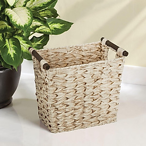 mDesign Small Woven Basket Trash Can Wastebasket - Rectangular Garbage Container Bin with Wood Handles for Bathrooms, Kitchens, Home Offices, Craft, Laundry, Utility Rooms - Natural/Dark Brown