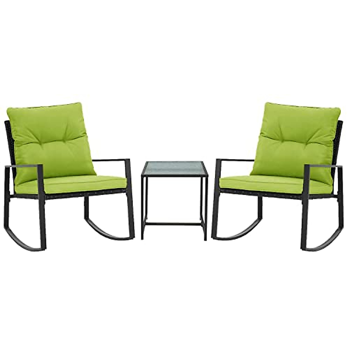 Pyramid Home Decor 3-Piece Rocking Bistro Set - Durable & Stylish Synthetic Wicker Outdoor Furniture - Glass Coffee Table with 2 Chairs for Balcony, Patio & Porch - Black Metal, Soft Green Cushions