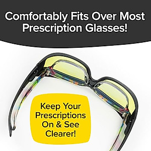 BattleVision Night Vision Wraparounds Green Night Driving Glasses, AS-SEEN-ON-TV, Fits Over Your Prescription Eyeglasses and Reading, See Clearer, Anti-Glare, Reduces Glare from Headlights, Unisex