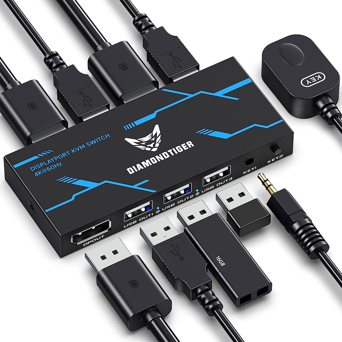 DiamondTiger KVM Switch DisplayPort - DP KVM Switch for 1 Monitor 2 Computers to Share Mouse, Keyboard, Printer, USB 2.0 Device and Ultra HD Monitor, Support 4K 60fps. Display Port Cable Included
