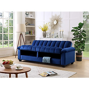 Legend Vansen 83" Convertible Modern Velvet Storage Sleeper Sofa Bed in Blue