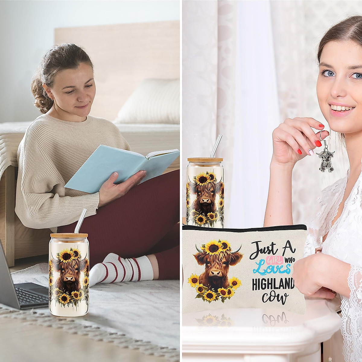 SAIWEILAI ONLINE 6 Pieces Highland Cow Gifts Set for Women Cow Lovers 16oz Glass Cups Just a Girl Who Loves Highland Cow Makeup Bag Cow Socks Keychain Earrings and Gift Box for Women Mom Sister Gift