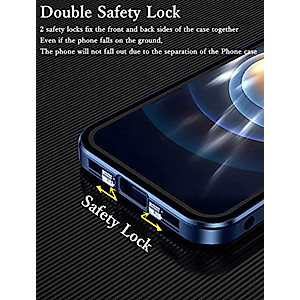 Disonbeir Lockable iPhone 12 Pro Max Anti-Peeping Case with Camera Lens Protector Privacy Screen Protector Strap Hole Aluminum Alloy Metal Bumper Case Double Lock Glass Case Cover (12ProMax, Blue)