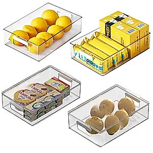vacane 4 Pack Plastic Shallow Storage Organizer Box Containers with Lids, Stackable Pantry Organizer Built-In Handles Refrigerator Organizer, Storage Cube Hold Food, Snacks, Makeup, Toys-Clear