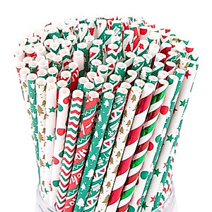 HAKSEN 125PCS Christmas Paper Straws, 10 Styles Red and Green Christmas Drinking Straws Stripes Christmas Straws for Drinks Party Wedding Favors DIY Crafts Supplies