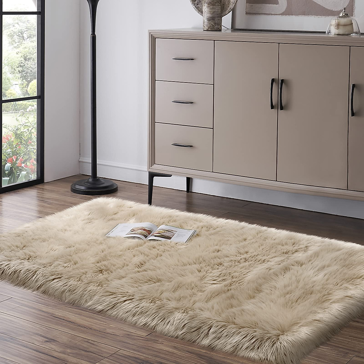 Faux Fur Rug, Beige Small Fluffy Rug for Sofa Chair Couch Cover 2x4 Feet, Ultra Soft Fuzzy Shag Rug for Bedroom, Indoor Shaggy Plush Floor Carpets Luxury Home Decor for Bedside
