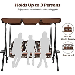 AECOJOY 3-Seat Proch Swing Chair, Patio Swing with Canopy, 2 Side Trays, 3 Pillows & Removable Cushion, Patio Wicker Swing with Stand Outdoor Swings for Adults, Balcony, Garden, Deck(Brown Rattan)