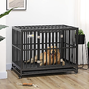 PawHut Heavy Duty Dog Crate Metal Kennel and Cage Dog Playpen with Lockable Wheels, Slide-Out Tray and Anti-Pinching Floor, 45" x 29.5" x 35"