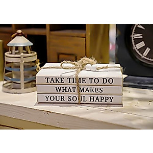 3 Pieces Wooden Decorative White Books, Rustic Farmhouse Book Stack, Faux Books for Coffee Table Shelves with Wood Bead Tassels and Leaves, for Modern Home Decor, 7'x 4.6'x 2.5'