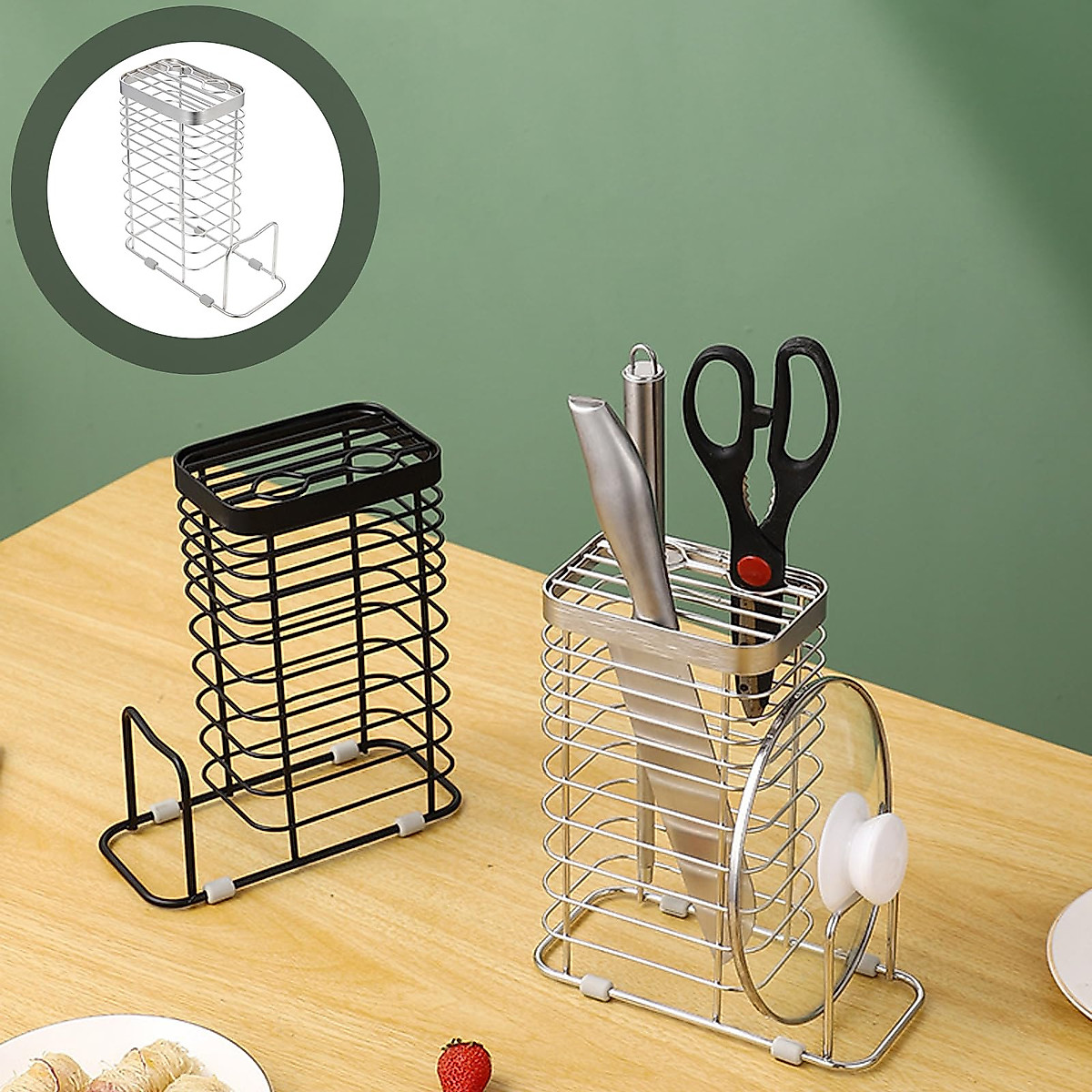Hemoton Stainless Steel Knife and Cutting Board Stand, Knife Block Holder, Kitchen Knife Holder Storage Organizer, Kitchen Utensils Holder, Cutting Board Rack, Pot Pan Lid Holder for Counter, Cabinet