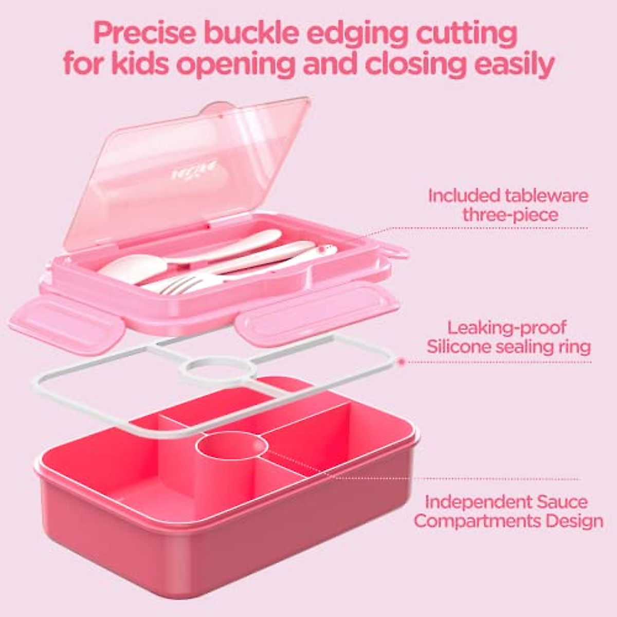 Jelife Kids Lunch Bento Box, Large Bento-Style Leakproof Lunch Boxes 4 Compartments Girls Snack Lunch Containers with Tableware for Back to School, Reusable On-the-Go Meal and Snack Packing, Pink