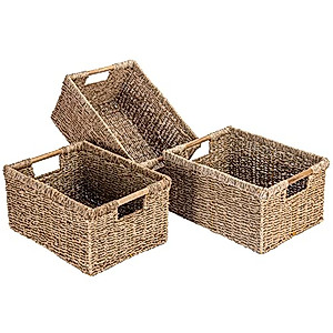 Large Wicker Basket Rectangular with Wooden Handles for Shelves, Seagrass Basket Storage, Natural Baskets for Organizing, Wicker Baskets for Storage - 3 Pack Large