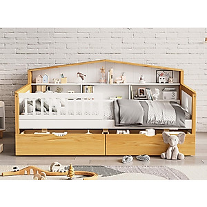 Merax Twin Size Bed Frames with 2 Storage Drawers and Bookcase Headboard, Montessori House Shape Daybed for Kids Girls Boys Teens, No Box Spring Needed