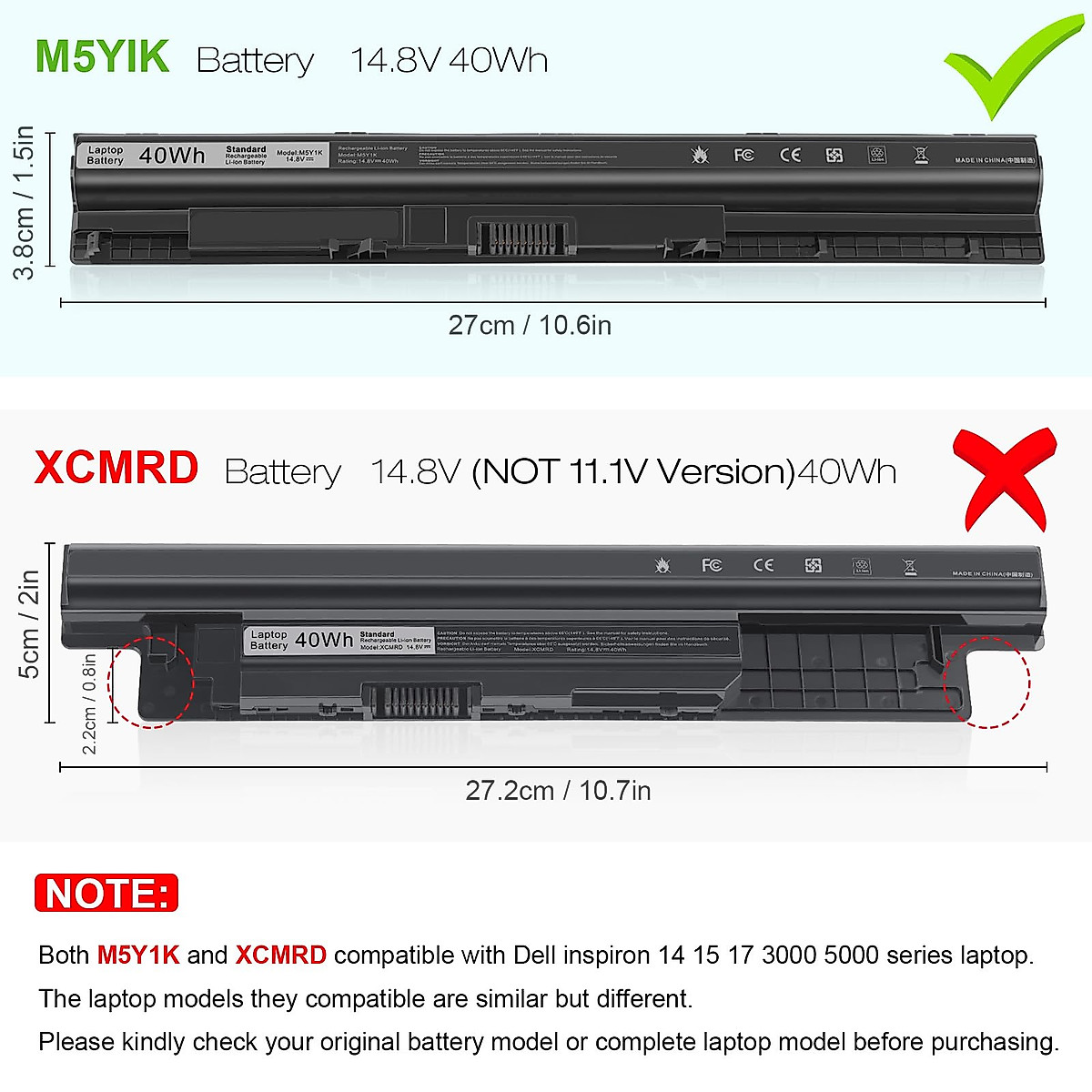M5Y1K Laptop Battery for Dell Inspiron 14 15 17 5000 3000 Series 5559 5558 3551 3451 3558 i3558 3567 5755 5756 5458 5759 5758 5759 GXVJ3 HD4J0 K185W WKRJ2 VN3N0 991XP 07G07 78V9D P63F P47F P51F P52F