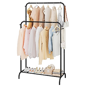 Hzuaneri Clothes Rack, Double Rods Garment Rack with Storage Shelf, Clothing Rack for Hanging Clothes, Metal Frame Clothes Organizer for Bedroom, Living Room, Black GR34099B