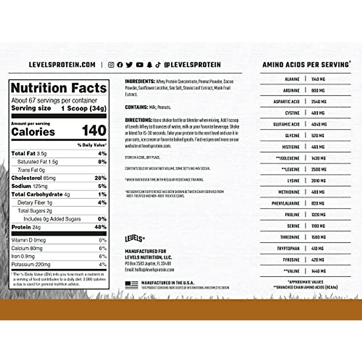 Levels Grass Fed 100% Whey Protein, No GMOs, Chocolate Peanut Butter, 5LB