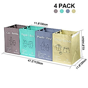 JIALAI HOME Recycling Waste Bin Bags, Recycle Bin, Trash Sorting Bins Organizer Baskets 36 Gallon for Kitchen Home, Reusable Waterproof Compartment Container, Pack of 4 Bags