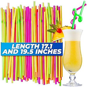 200 Pack Extra Long Plastic Drinking Bendy Straws - Flexible Disposable Cocktail Twisty Straws - Colorful 17 in Smoothie Super Long Neon Curly Straws - Coffee Stirrers Tall Assorted Color Fun Straws