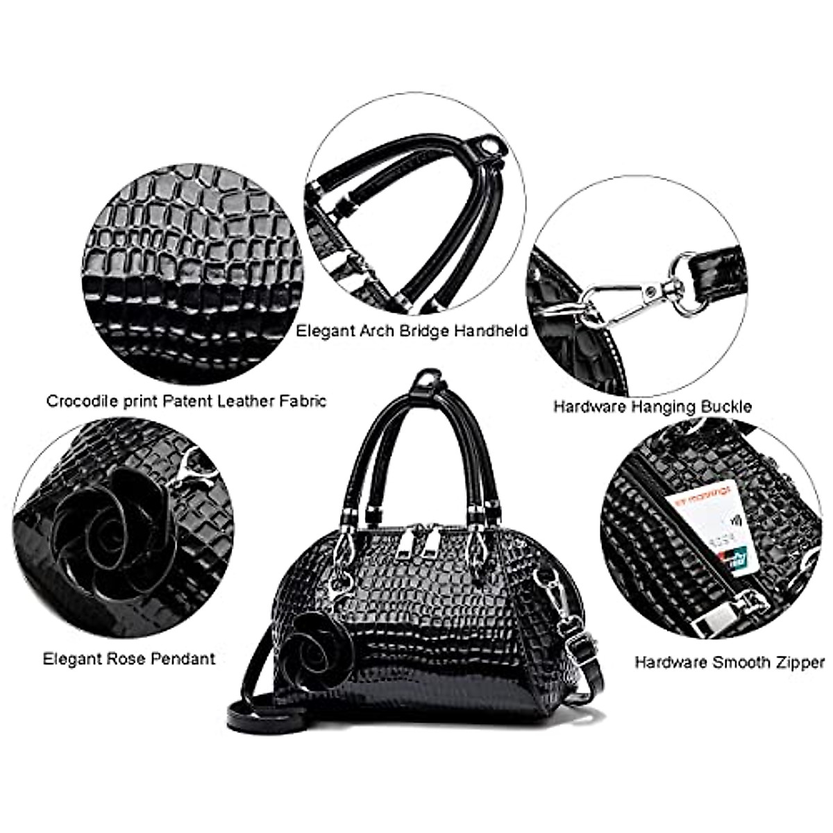 Chikencall Women's Handbag Patent leather Top-Handle Purse Crocodile Print Shoulder Bag Work Shopper Crossbody Satchel with Rose Pendant for Christmas Thanksgiving Day