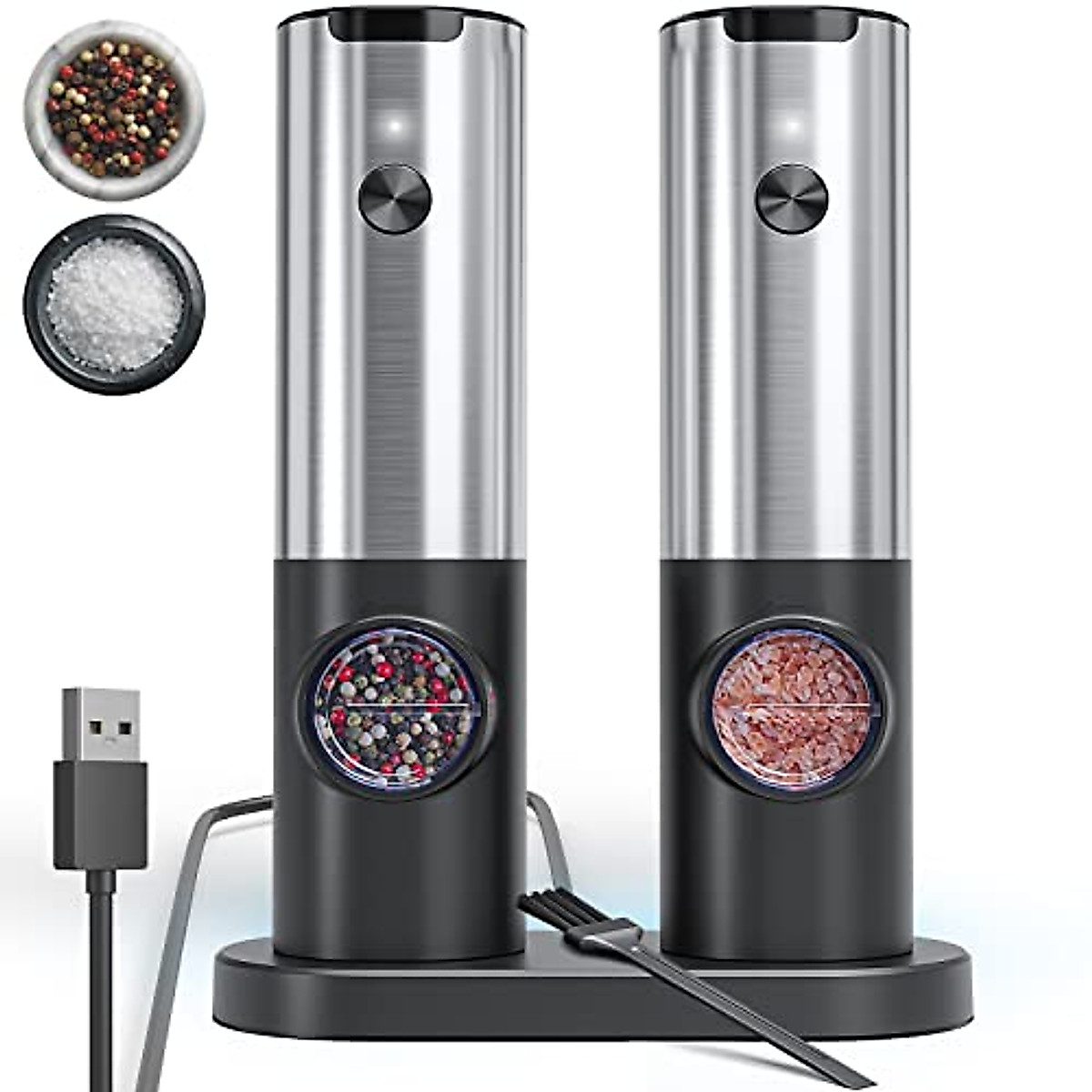 Electric Salt and Pepper Grinder Set with Rechargeable Base, Stainless Steel Salt and Pepper Grinders/Mill with Adjustable Coarseness, Refillable Salt and Pepper Shakers with LED Light, a Pair