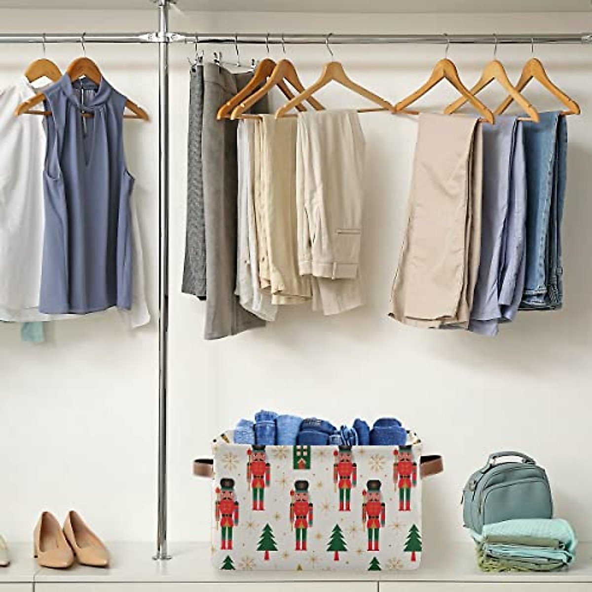 xigua Christmas Nutcracker Xmas Tree Snowflake Storage Basket Foldable Storage Bin Canvas Rectangular Storage Basket with Leather Handles for Home Closet & Office Decoration